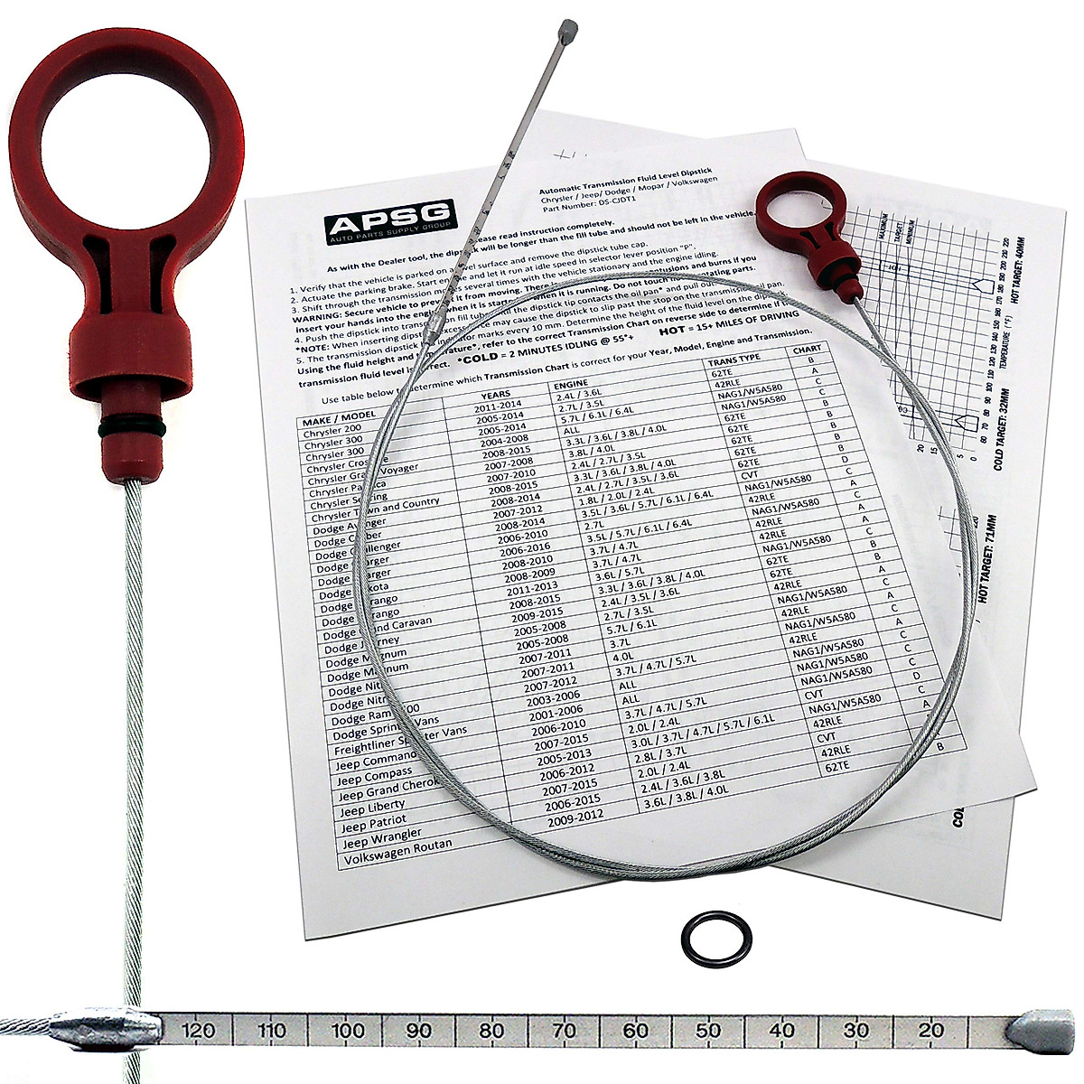 Transmission Fluid Dipstick - Tool - | Compatible with Chrysler Jeep Dodge VW Vehicles. | W/Instructions + Cap O-Ring | Automatic Trans: 8863B, 9336,42RLE, NAG1, 62TE 2.7 3.5 3.6 3.7 5.7 6.1 6.4