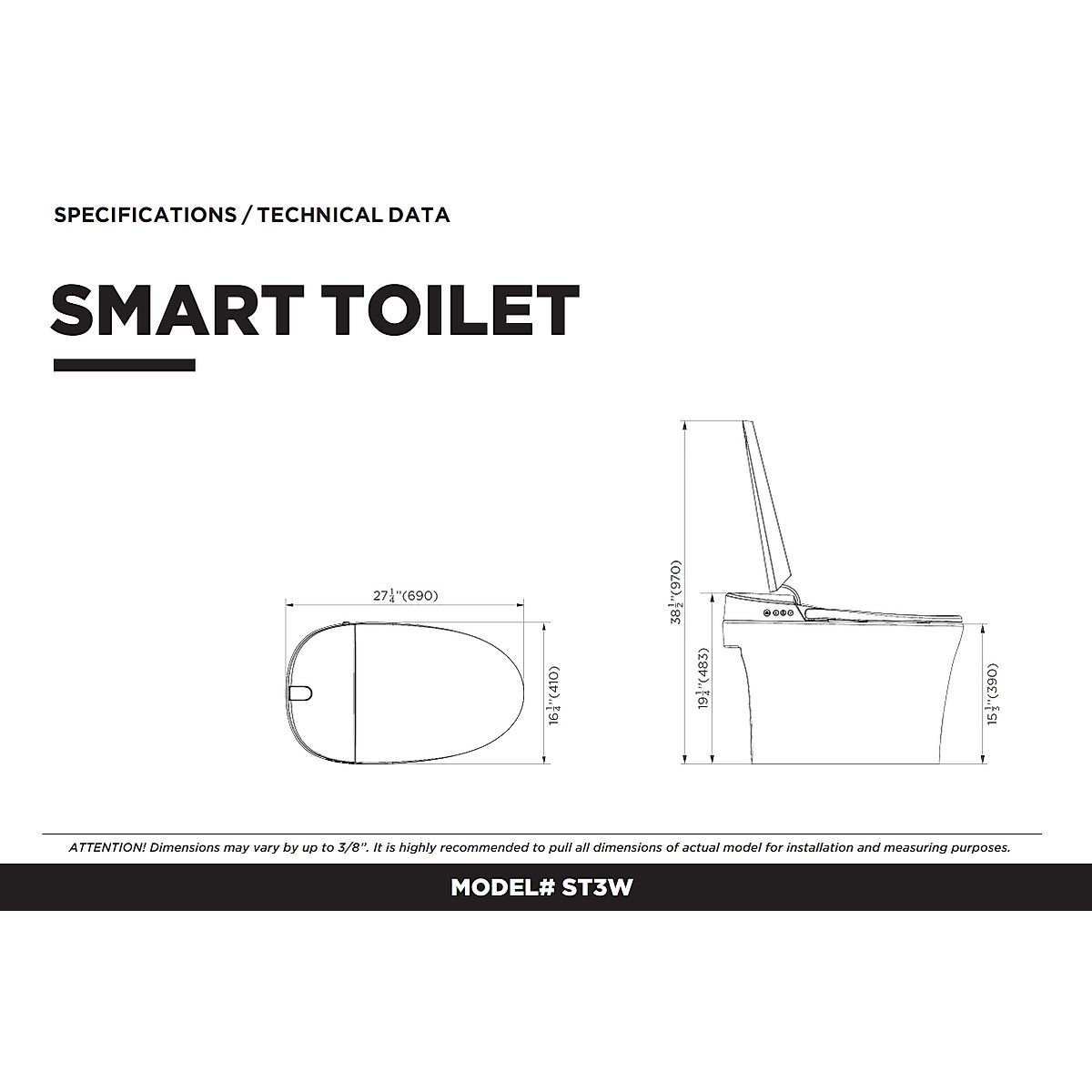 Elongated Smart Bidet Toilet Seat with Dual Flushing - One Piece Heated Toilet Seat Air Dryer - Tankless Toilet Bidet with 6 Levels of Seat and Wind Temperature
