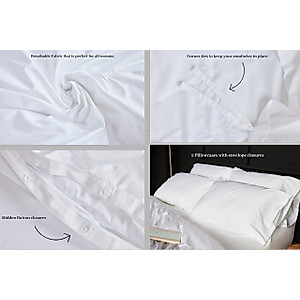 WAADI Queen Duvet Cover Set 4pcs- 100% Cotton Duvet Cover Set Includes: Duvet Cover, Fitted Sheet (Deep Pockets, fits 18in Mattress) & 2 Pillowcases (White, Queen)
