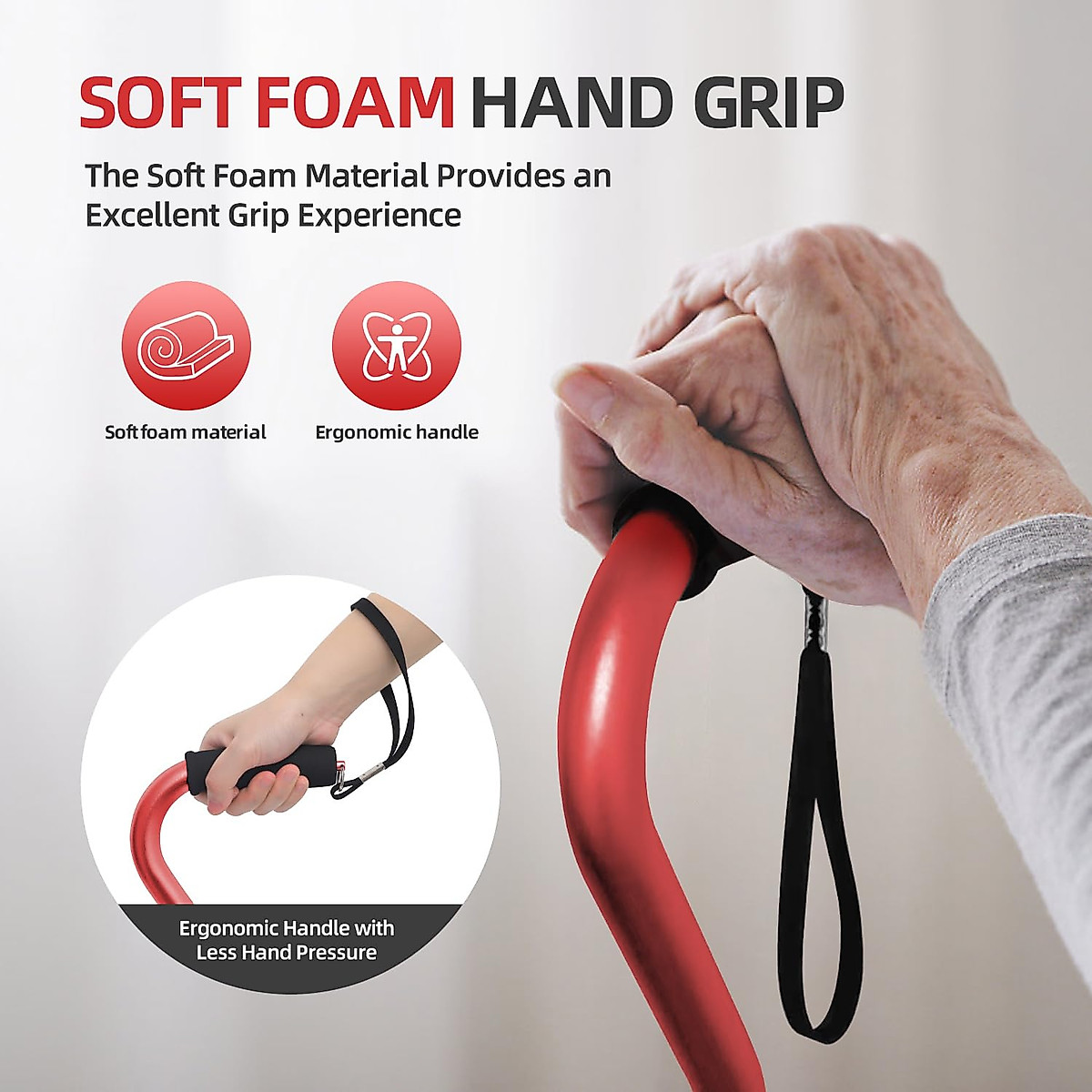 BeneCane Walking Cane for Men & Women Adjustable Cane with Offset Soft Cushioned Handle -Portable Lightweight Sturdy Mobility Walker Aid for Elderly, Seniors Collapsible Cane Red