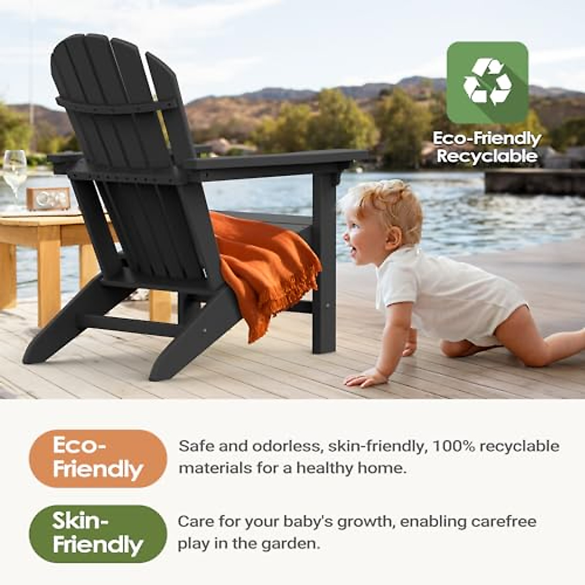 OTSUN Adirondack Chair, Large Lawn Chair Weather Resistance, 4 Steps Easy Assembly, Patio Chair for Fire Pit, Yard, Porch, Garden, Deck, Swimming Pool, Dark Black