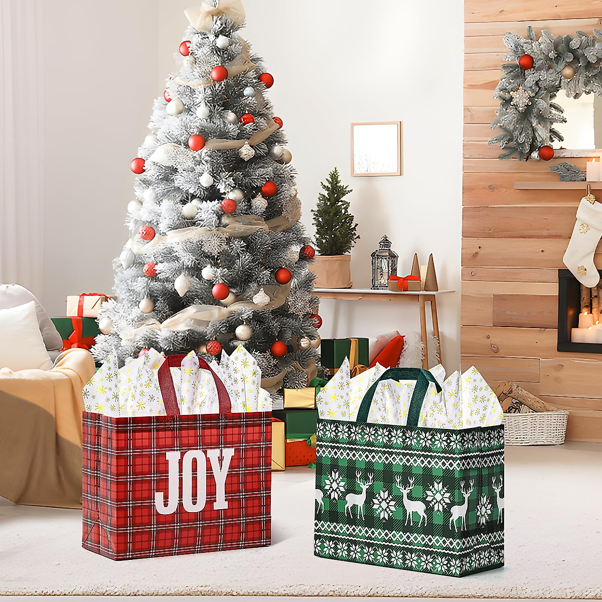 STYPOP 2 Pack 13" Large Christmas Gift Bags with Tissue Paper, Reusable Christmas Tote Bags with Handles, Non-Woven Holiday Gift Bags for Christmas Gift Wrap/Party Favor Supplies, 12.8"*10.2"*6.3"