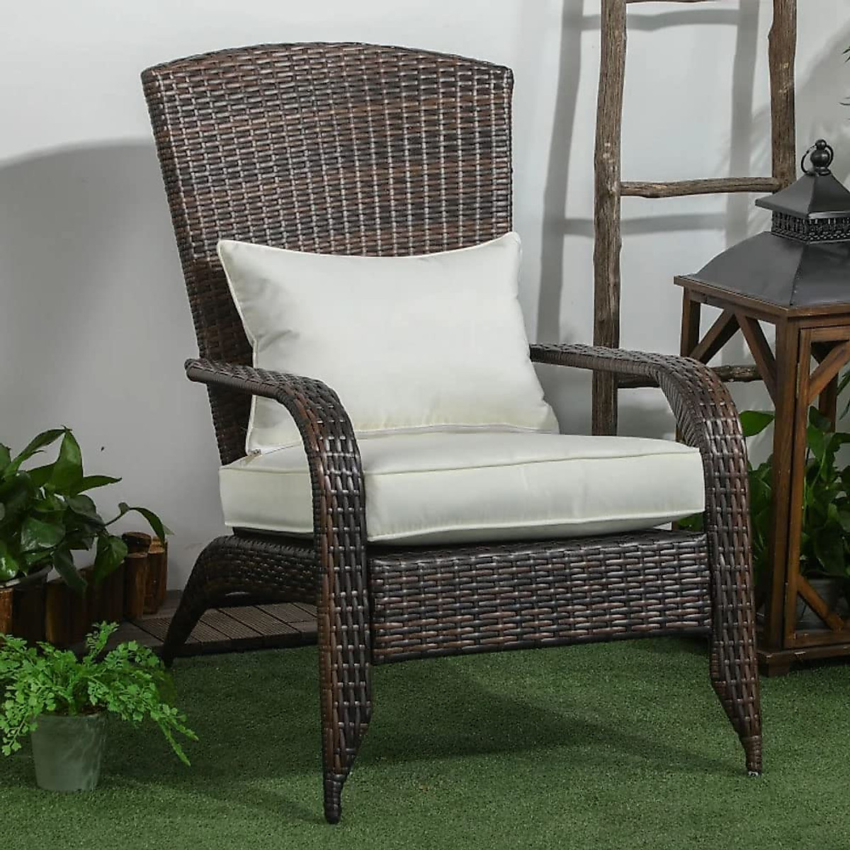 Hypeshops Patio Wicker Adirondack Chair w/Soft Cushions, Tall Curved Backrest and Comfortable Armrests - Cream White