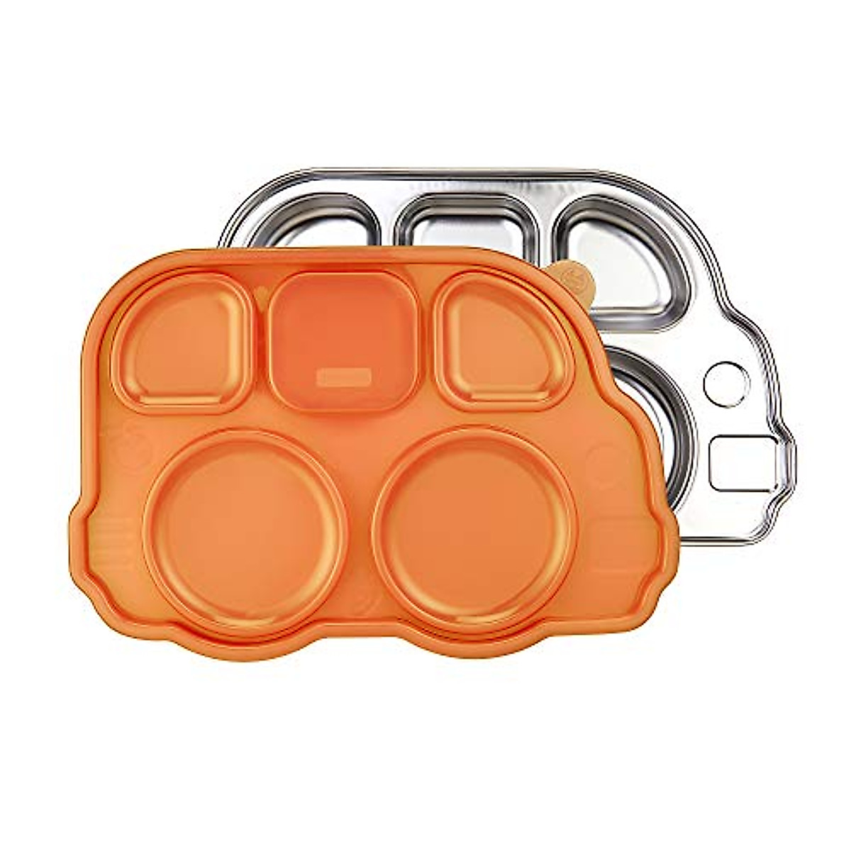 Innobaby Stainless Bus Plate with Airtight Sectional Lid, The Original, Leak-Resistant Divided Platter, Mom Invented Fun Shape Plate Din Din SMART for Babies, Toddlers and Kids, BPA Free Plate, Orange