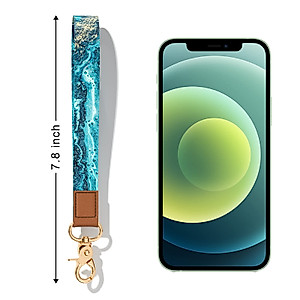 Hsxnam Wrist Lanyard Key Chain, Cute Wristlet Strap Keychain Holder for Women Men Keys Airpods ID Badges Phone, Teal Marble