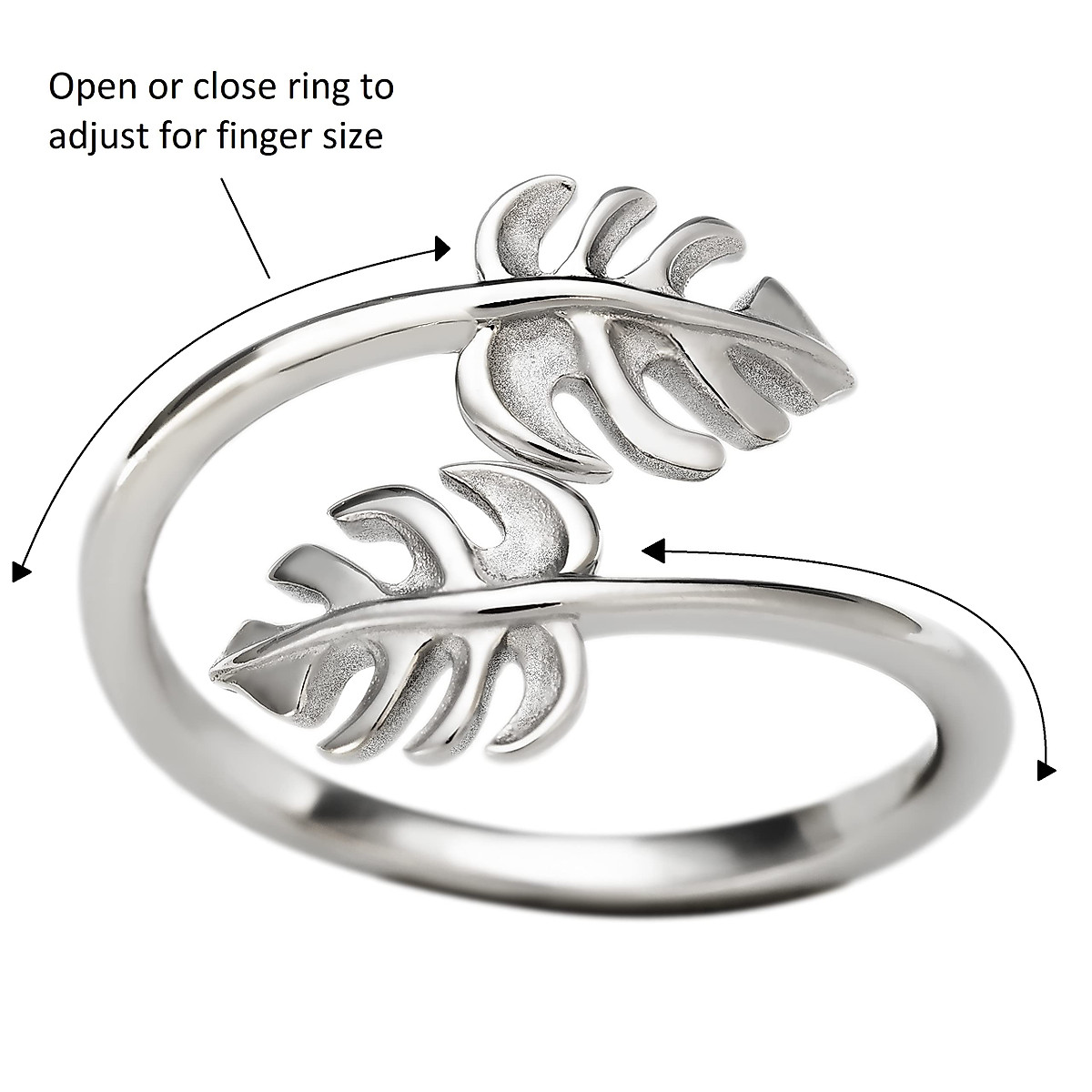Aloha Jewelry Sterling Silver Two Monstera Leaf Adjustable Easy Resize Wrap Around Bypass Ring Eternity Band (Silver, 7.5 - 13), EMVSSRBPM9