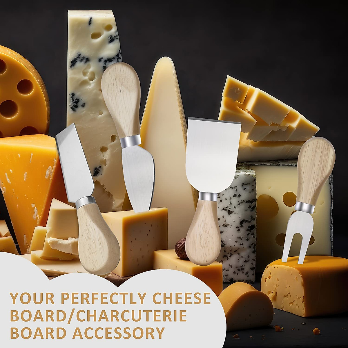 Tymoosty Cheese Knives, 4PCS Cheese Knife Set, Cheese Knives for Charcuterie Board with Wooden Handle, Mini Steel Stainless Cheese knife set