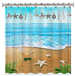 SUPERFINDINGS 12Pcs 6 Styles Ocean Theme Shower Curtain Rings Iron Shower Curtain Hooks Rings with Alloy Animal Pendants Starfish Fishbone Octopus Metal Shower Rings Hooks for Bathroom