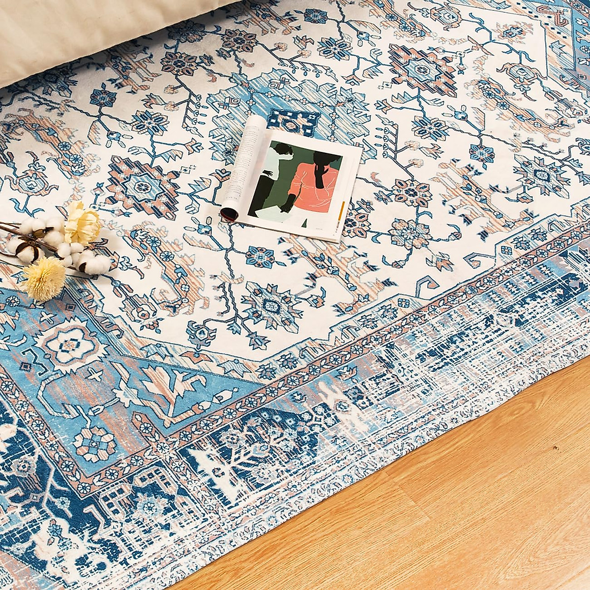 Area Rug 5x7 Washable Boho Vintage Rug with Non Slip Backing Soft Low-Pile Carpet Foldable Mat for Living Room Bedroom Dining Office, Light Blue/White