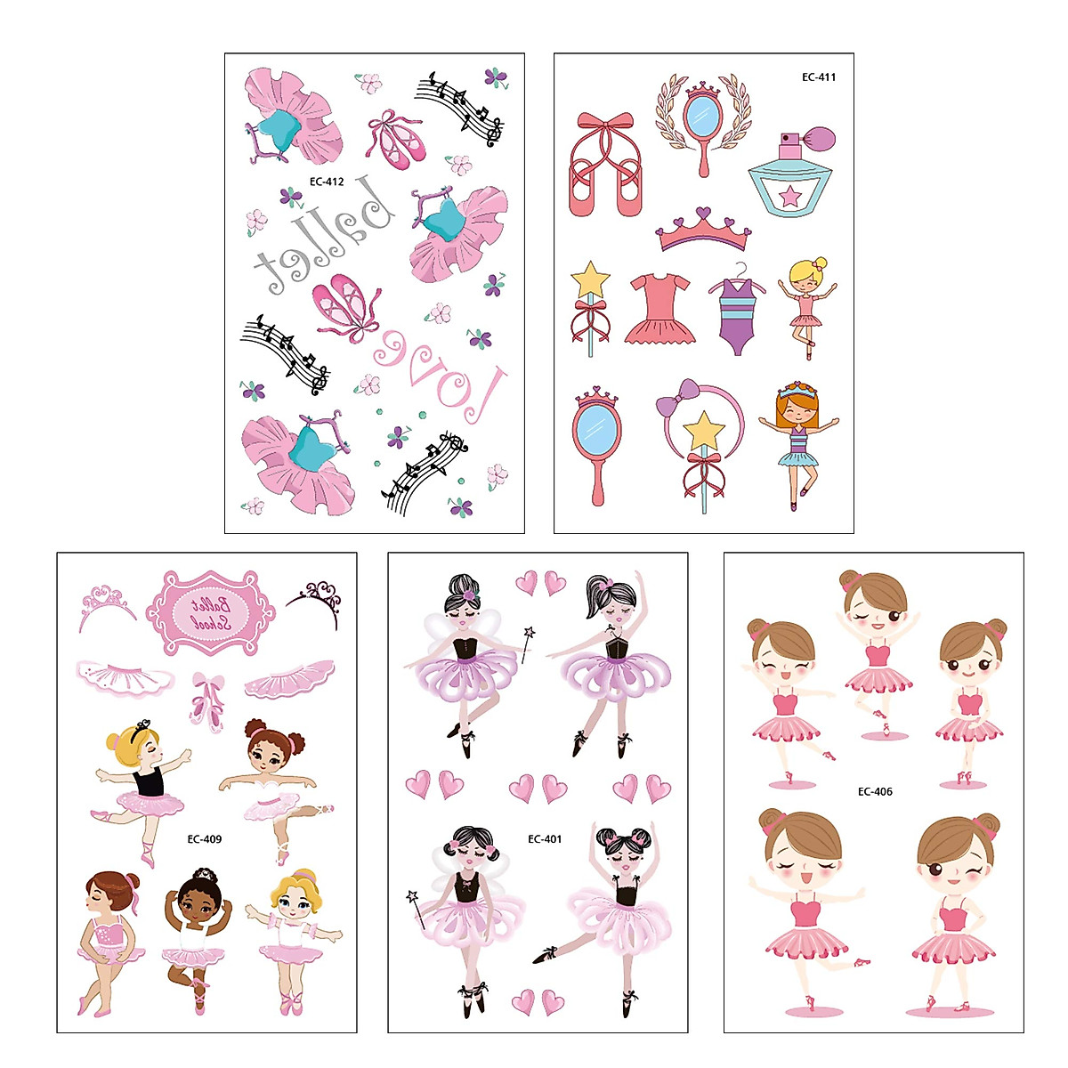 Konsait 186pcs Kids Tattoo Kits, Fake Waterproof Temporary Tattoos Ballet Girls Tattoos for Children's Birthday Party Bags Filler Gift Birthday Party Favors,Dancing Girl Tiara Rose Star LOVE