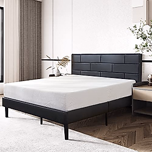subrtex Twin Bed Frame with Headboard,Upholstered Faux Leather Mattress Foundation Platform with Solid Wood Slat Support,No Box Spring Needed,Noise-Free,and Easy Assembly Black
