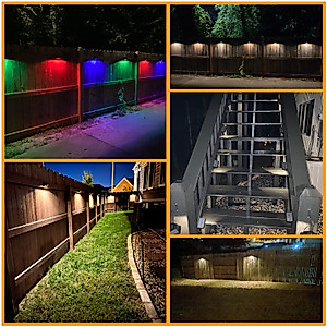 Amiluo Solar Fence Lights 4 Pack Warm White & 8 RGB Fixed Colors, Solar Outdoor Wall Lights IP65 Waterproof Fence Solar Light, Color Glow Light Outside Solar Deck Light for Backyard Wall Step Holiday