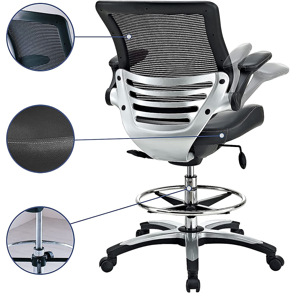Modway Edge Drafting Chair - Reception Desk Chair - Flip-Up Arm Drafting Chair in Black