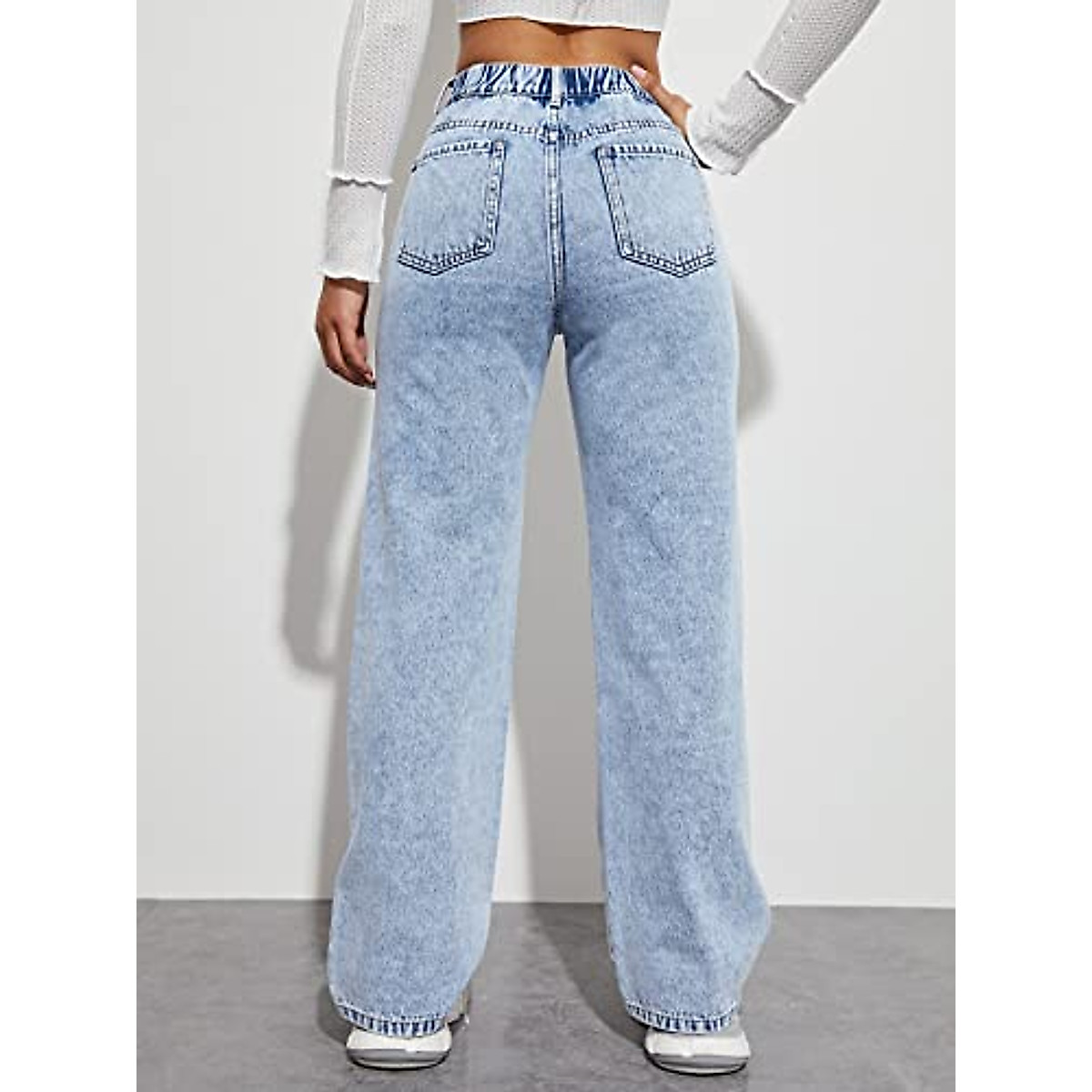 Floerns Women's Pattern Printed High Waist Wide Leg Straight Denim Jeans Pants Blue M