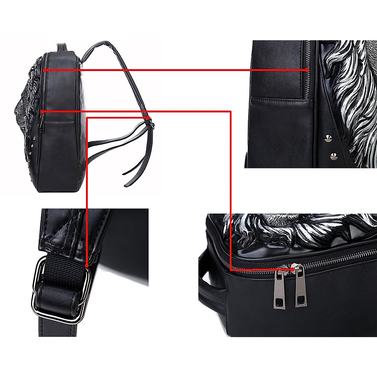 3D Animal Head Backpack, Studded PU Leather Cool Laptop Backpack College Bookbag (Lion-Black) One Size