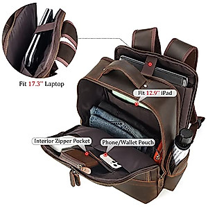 Polare Full Grain Leather 17.3 Inch Laptop Backpack 29L Large Business Overnight Weekender Rucksack Vintage Multi Pockets Travel Computer Bag