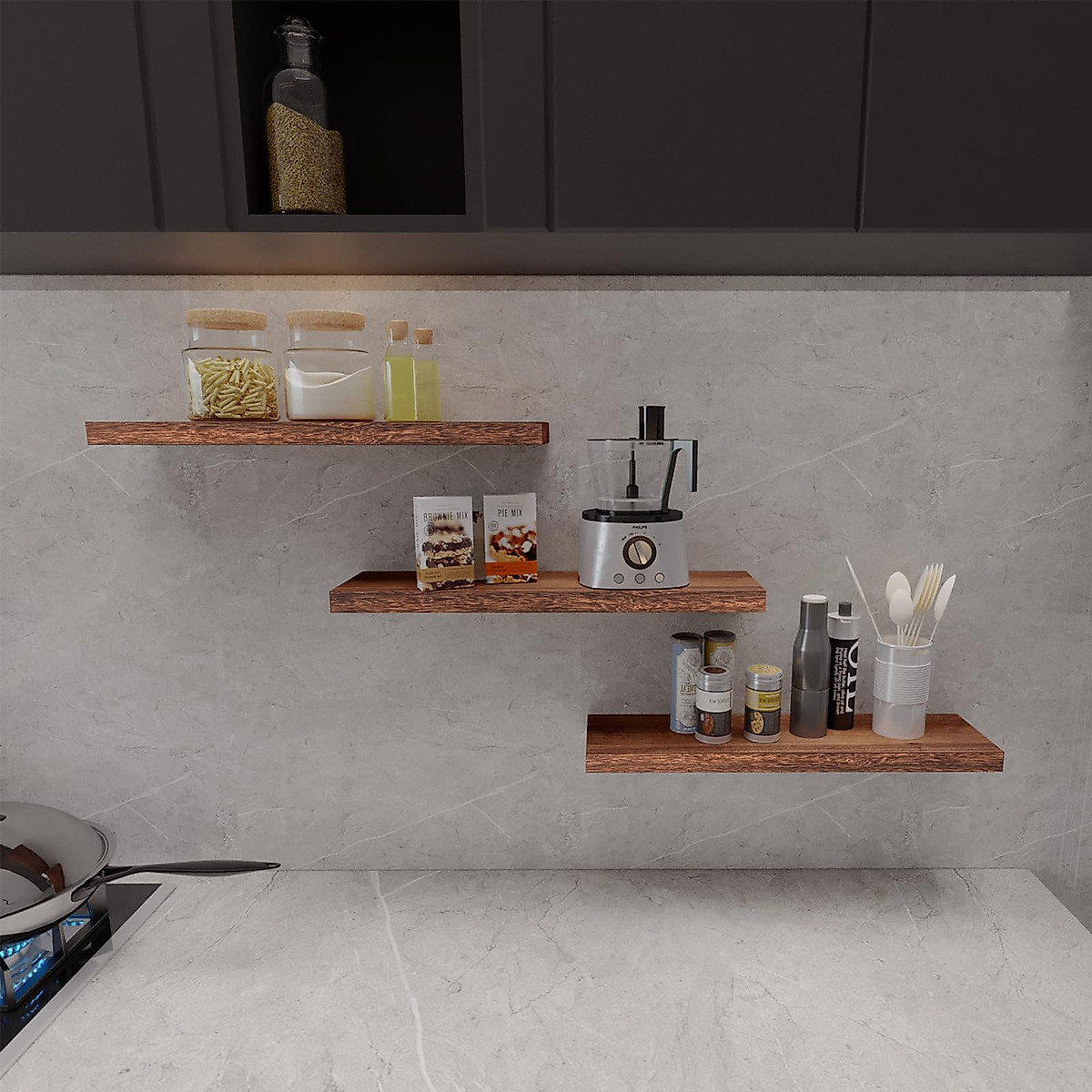 Kultilanda Floating Shelves 24 Inch Wall Shelf Solid Wood Mounted Storage for Bedroom Living Room Set of 3, Rustic Brown Wall Shelves