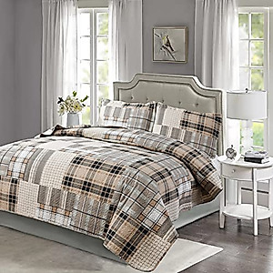 CHESITY King Size Quilt Set - Plaid & Stripe Bedding Sets, 3-Piece Brown Bedspread Sets, Reversible Lightweight, Grid Coverlet, Patchwork Soft Quilt for Bed (96" x 108")