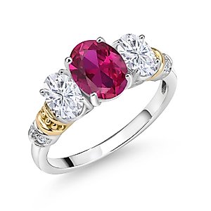 925 Sterling Silver and 10K Yellow Gold Oval Red Created Ruby White Moissanite and White Diamond 3 Stone Ring For Women (2.38 Cttw, Gemstone July Birthstone, Available In Size 5, 6, 7, 8, 9)