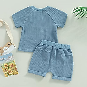 Toddler Baby Boy Girl Clothes Summer Waffle Knit Short Sleeve Buttons T-Shirt Elastic Waist Shorts Set 0-3T Outfits (Blue Waffle Knit, 18-24 Months)