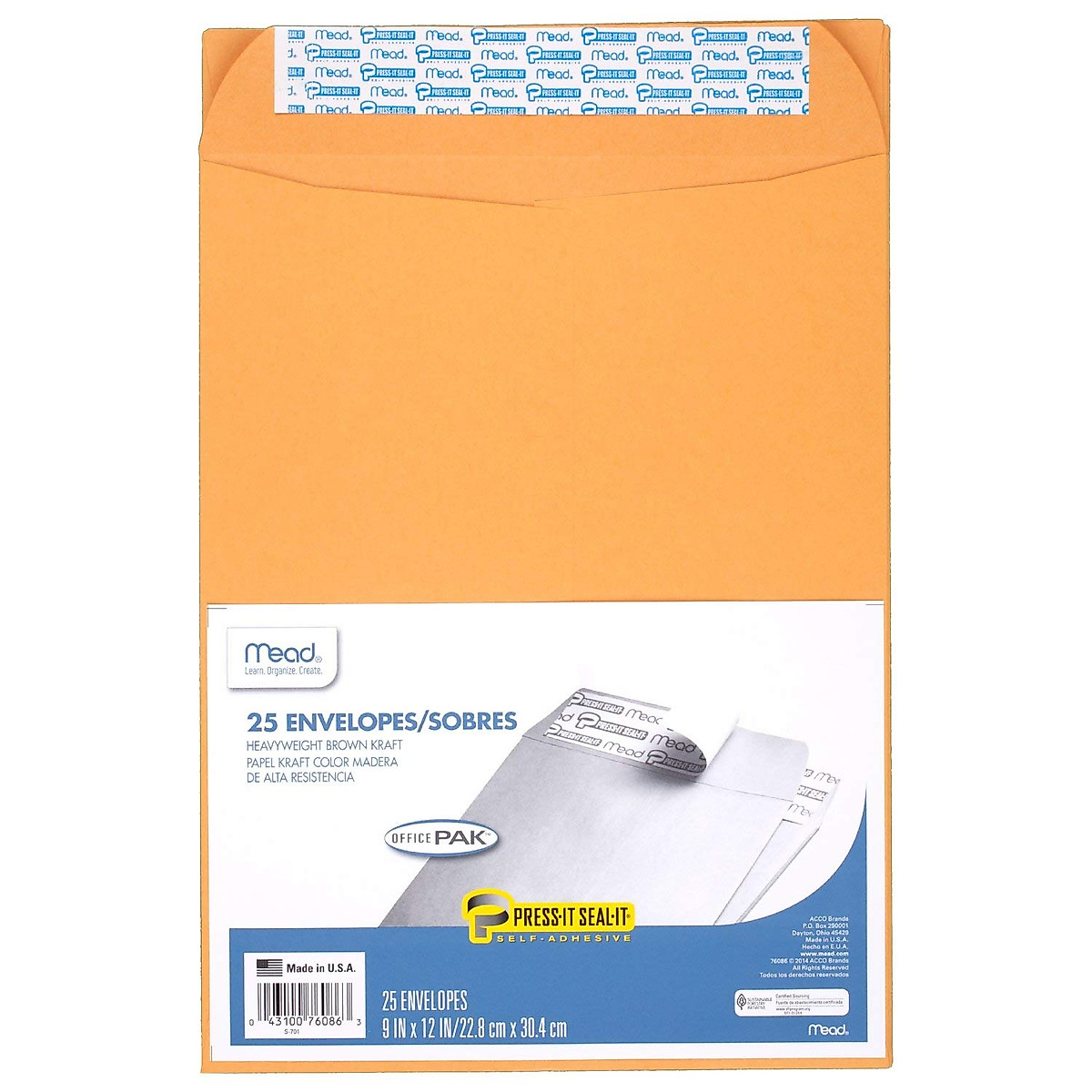 Mead Letter Size Mailing Envelopes, Press-It Seal-It Self Adhesive Closure, All-Purpose 24-lb Paper, 9" X 12", Brown Kraft Material, 25/Pack (76086)