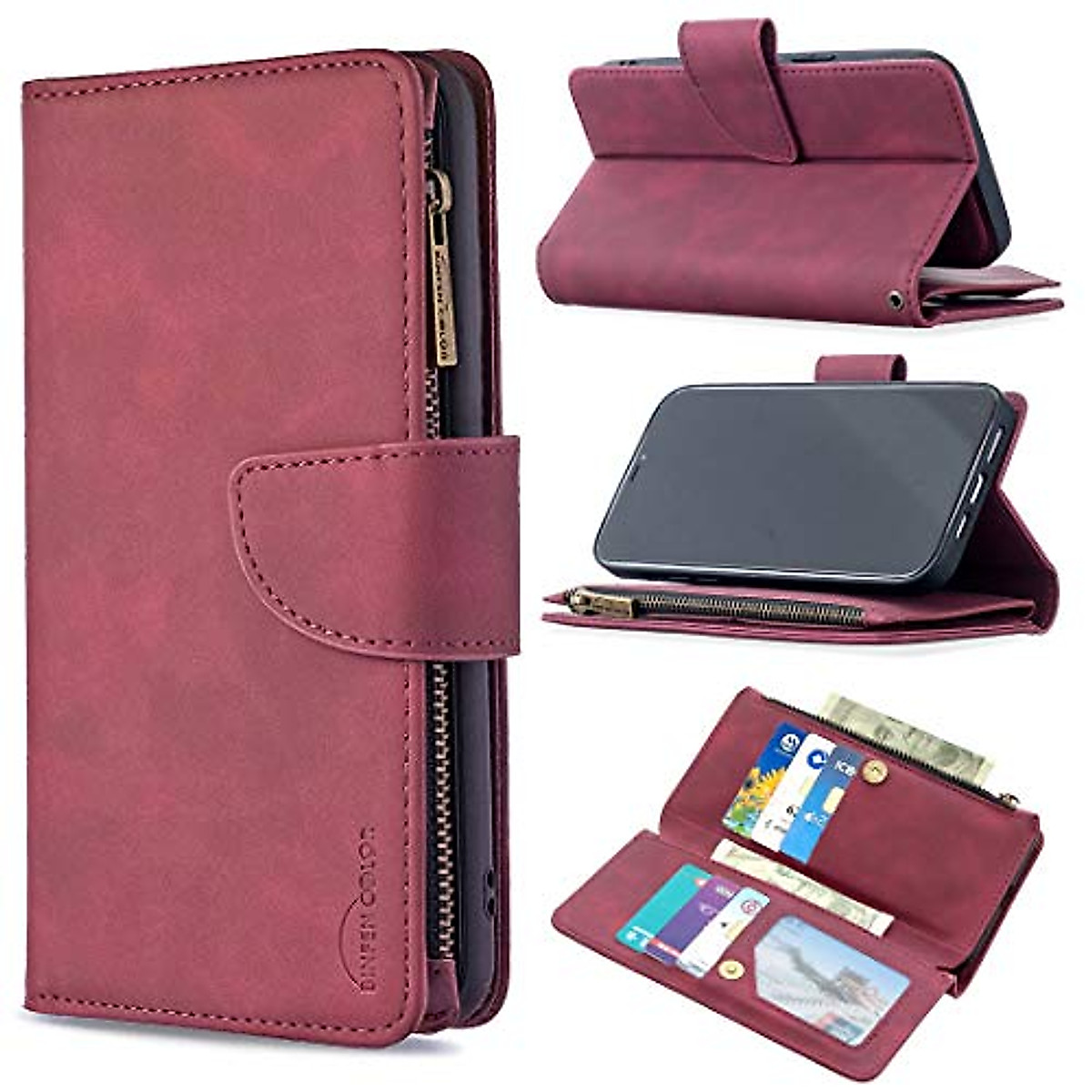 Fansipro Zipper Wallet Folio Case for Samsung Galaxy S9 Plus, Premium PU Leather Slim Fit Cover for Galaxy S9 Plus, 9 Card Slots, 1 Transparent Photo Frame Slot, Slip-Proof, Red