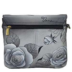 Anna by Anuschka Women's Genuine Leather Triple Compartment Flap Crossbody Bag - Hand Painted Original Artwork Exterior - Romantic Rose Black