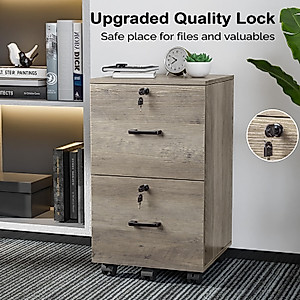VINGLI 2 Drawer File Cabinet with Lock, Wood Rustic Gray File Cabinet for Letter Size File Folders with Tabs, Under Desk Rolling File Cabinets for Home Office, Mobile Filing Cabinet Printer Stand