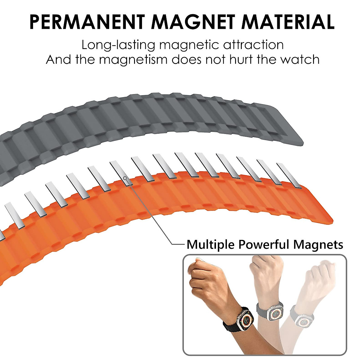 WINGLE Magnetic Band for Apple Watch Ultra 2 Band 49mm 46mm 45mm 44mm 42mm Series 10 9 8 7 Men, Strong Magnetic Bracelet Silicone Sport Strap for iWatch Ultra SE 6 5 4 3 2 1 Women, Grey/Orange