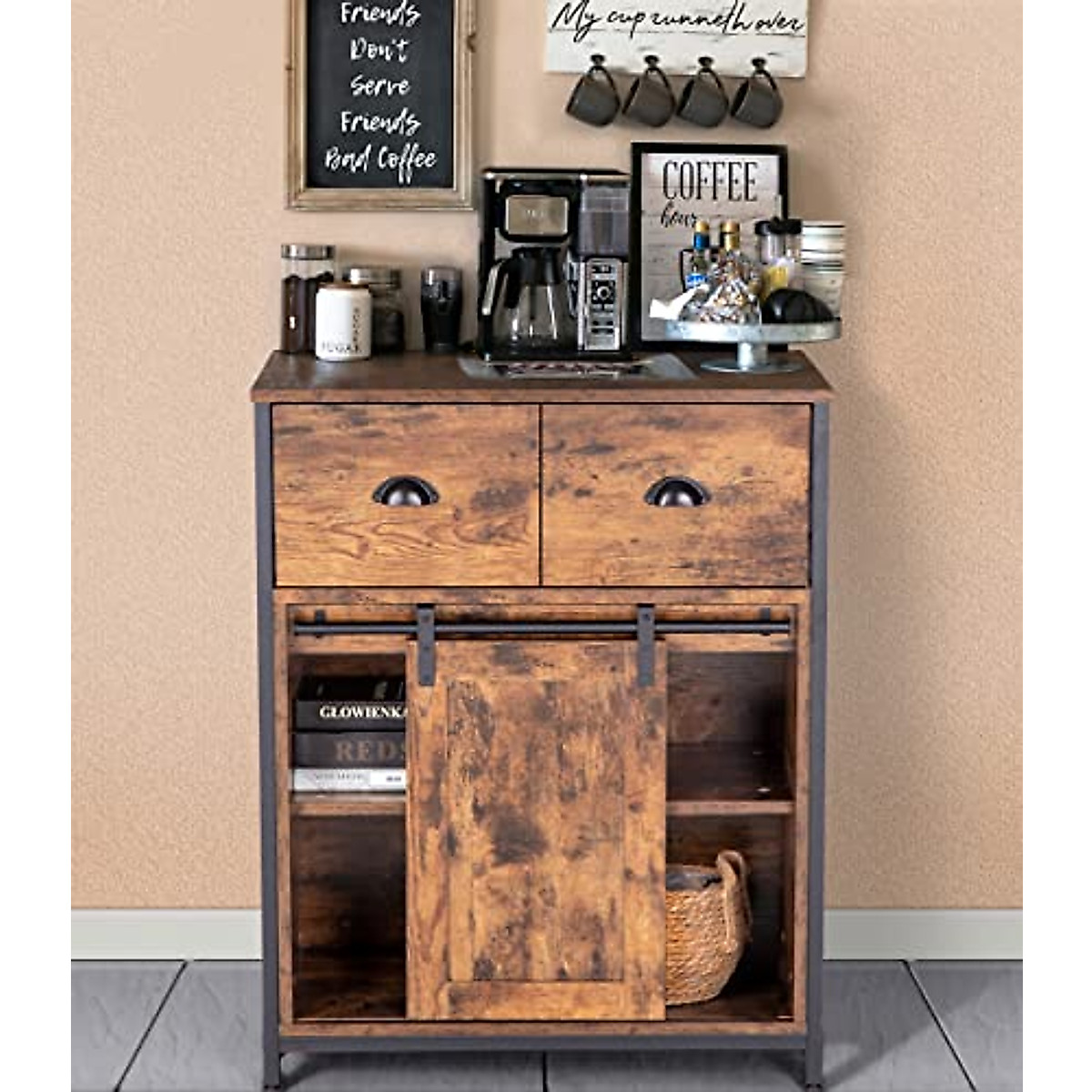 MAISON ARTS Industrial Coffee Bar Cabinet - Sideboard Buffet with 2 Drawers&Sliding Barn Door, Storage Cabinet for Kitchen Dining Room Living Room