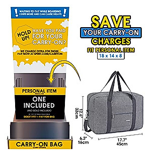 For Spirit Airlines Personal Item Bag 18x14x8 Foldable Travel Duffel Bag Tote Carry on Luggage Duffle Overnight for Women and Men (Thick Series Grey (with Shoulder Strap))