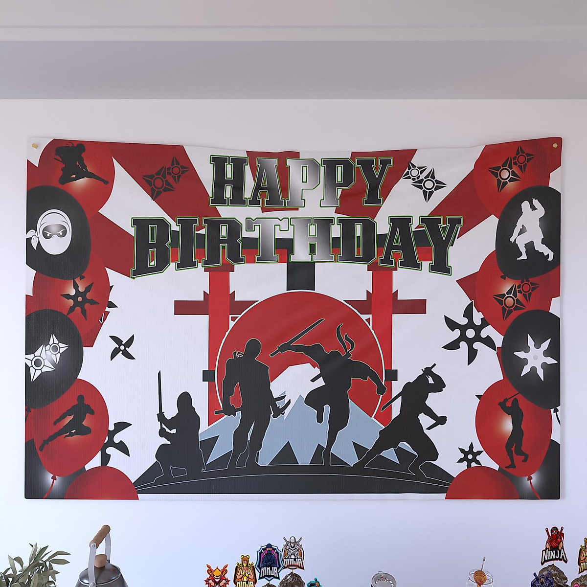 Nelton Ninja Party Supplies Includes Cake Topper, 24 Cupcake Toppers, 20 Latex Balloons, Happy Birthday Backdrop, 1 Table Cloth , 1 Banner