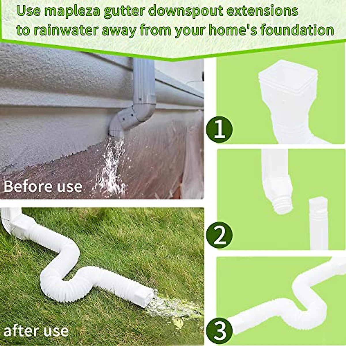 Mapleza Rain Gutter Downspout Extensions Flexible - Drain Downspout Extender - Gutter Down Spout Drain -Extend from 21 to 60 Inches (White,2Pack)