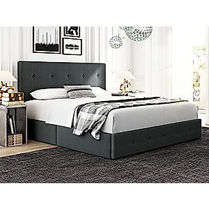 HOOMIC Queen Upholstered Platform Bed Frame with 4 Storage Drawers, Wooden Slats Support, Adjustable High Headboard with Square Stitched Button Tufted Design, No Box Spring Needed,Dark Grey