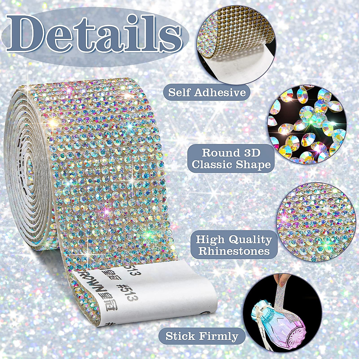 8 Rolls Rhinestone Ribbons,Cludoo 8 Yard Silver Self Adhesive Rhinestone Ribbon, Bling Crystal Diamond Ribbon Roll Wrap Glittering Rhinestones Sticker for Decoration Car DIY Arts Crafts Wedding