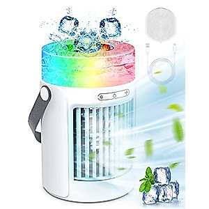 Portable Air Conditioners Fan, Evaporative Air Cooler with 7 Colors Light, 3 Wind Speeds Portable Cooling Fan, Small Personal Air Conditioner for Bedroom, Office, Camping