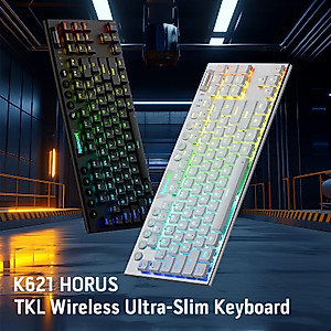 Redragon K621 Horus TKL Wireless RGB Mechanical Keyboard, 5.0 BT/2.4 Ghz/Wired Three Modes 80% Ultra-Thin Low Profile BT Keyboard w/Dedicated Media Control & Tactile Brown Switches, White