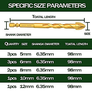 6PCS Golden Ceramic Tile Drill Bits, JOERIC Masonry Drill Bits Set for Glass, Brick, Tile, Concrete, Plastic and Wood Tungsten Carbide Tip for Wall Mirror and Ceramic Tile with Size (5mm ~12mm).
