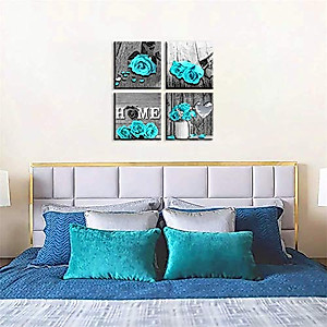 Wall Decor for Living Room Teal Blue Rose Flower Bathroom Decor Bedroom Wall Decor Black and White Canvas Art Home Love Couple Women Gifts Theme Modern Frame Pictures Turquoise Rustic Sets 14 inch