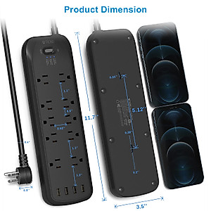 High Joules Power Strip Surge Protector (2x4000J), TROND 6 ft Extension Cord Black Safe Power Strip with Dual Surge Protection 10 Outlets 4 USB Charger, Flat Plug Power Strip for Christmas Lights