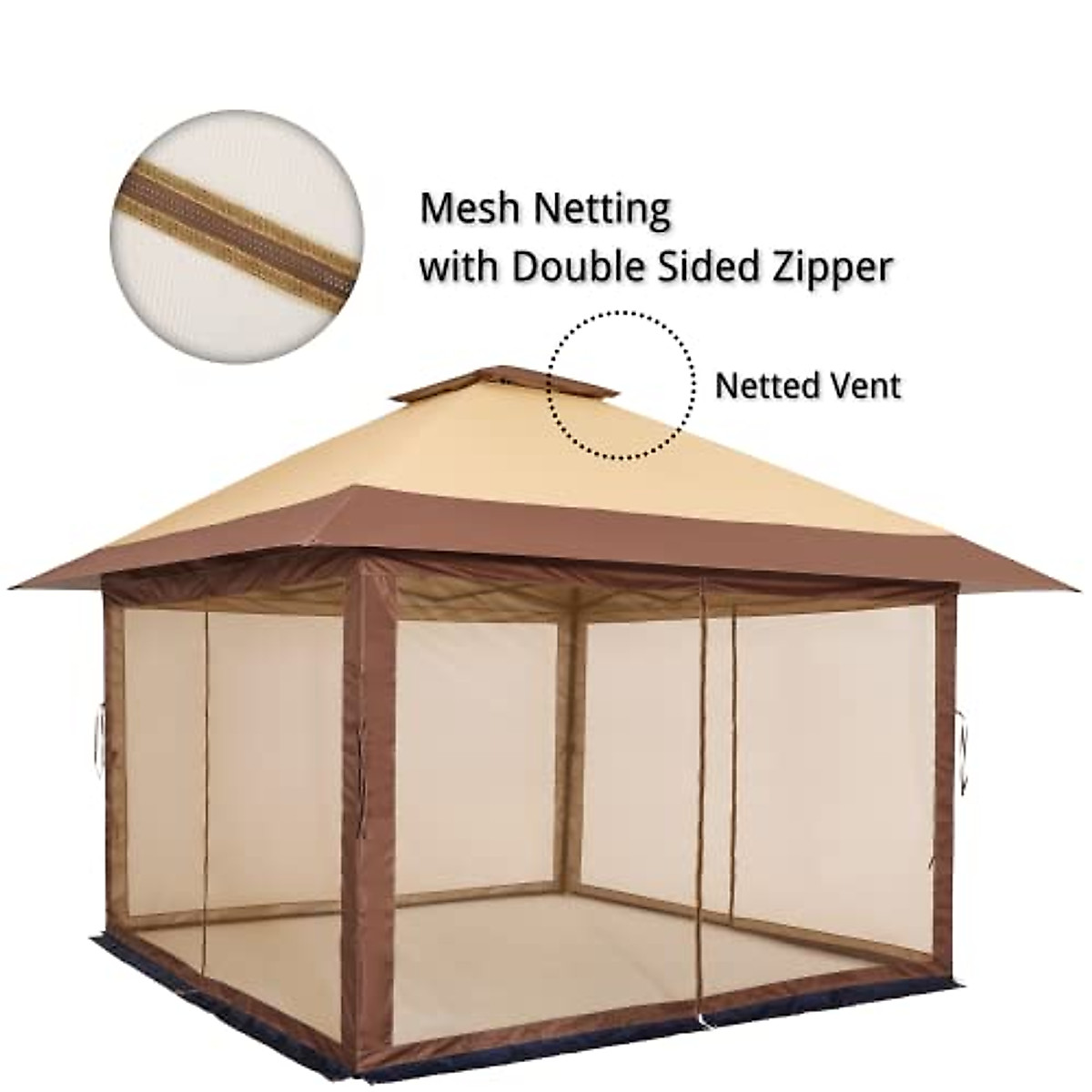 Suntime 12x12 Instant Pop Up Gazebo Canopy Tent Shelter with Solar LED Lights, Zippered Mesh Mosquito Netting, Wheeled Roller Carry Bag, Bonus Weight Sandbags, Stakes, Ropes - Brown