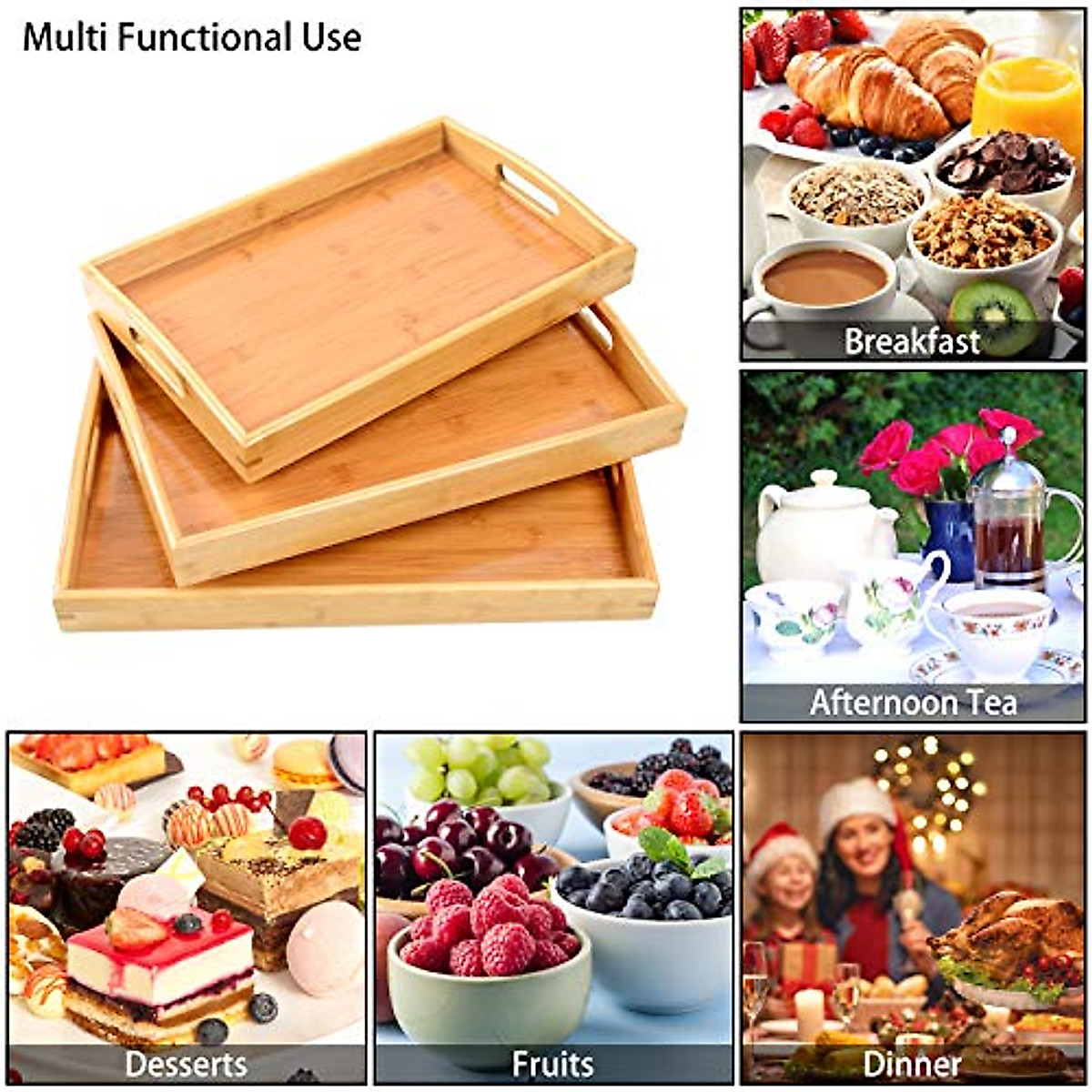 Bamboo 3 Pack Serving Tray Kitchen Food Tray with Handles Serving Platters Tray Great for Dinners Party,Tea Bar, Table Breakfast Snack