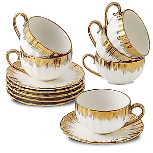 LETAOTAO Cappuccino Cups with Saucers, Ceramic Coffee Cup with Gold Trim, 6 oz for Double Espresso, Latte, Cafe Mocha, Tea,Set of 6，White