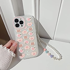 LOLAGIGI for iPhone 13 Case Pink Heart Peach Bear Cute Shell Pattern Kawaii Cartoon Girly Print Design Aesthetic for Women Girls TPU Case with Lovely Peal Charm Lanyard Beaded Accessories