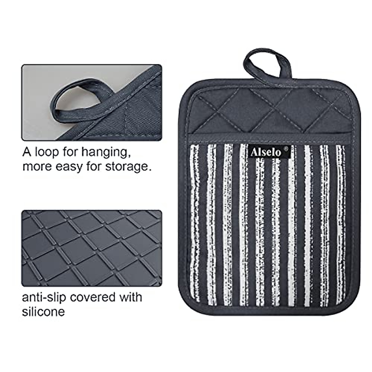 Alselo Silicone Pot Holders Set of 3 Heat Resistant & Non Slip Potholders, Professional Oven Hot Pads with Pockets Mitts for Kitchen Cooking Baking Barbecue