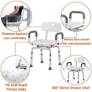 PAYRFV Pivoting Swivel Shower Chair for Elderly Seniors, 360° Bathtub Seat with Arms and Back Bath Stool Aid with Swivel Seat, Adjustable Height Shower Bench, Bathroom Bath Chair for Inside Shower