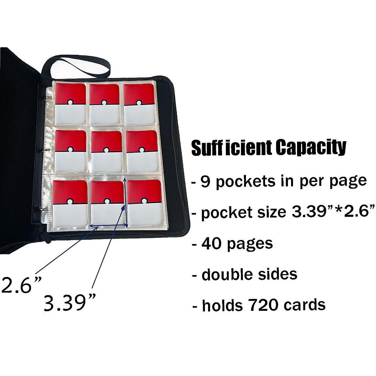 Binder for pokemon card binder of 720 Card Collection/9 Pocket Card Binder/Trading Card Binder/Card Album With Zipper,40 Sheets