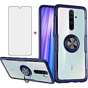 Phone Case for Xiaomi Redmi Note 8 Pro with Tempered Glass Screen Protector Clear Cover and Magnetic Stand Ring Holder Slim Hard Cell Accessories Xiami Xiomis Xiome Redme Note8 8pro Cases Men Blue