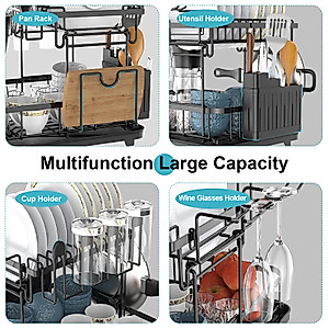 SouAny 2 Tier Dish Drying Rack with Drainboard, Large Dish Organizer and Strainer Set for Kitchen Counter with Mat, Wine Glass Holder and Utensil Holder