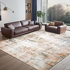 Washable Abstract Area Rug 8x10 - Contemporary Style Large Soft Living Room Bedroom Rugs Stain Resistant Non-Shedding Low Pile Accent Carpet for Indoor Dining Room Home Studio Office - Brick/Grey
